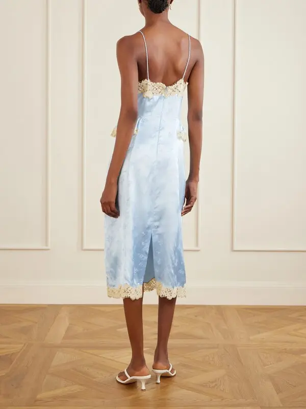 DÔEN Lise Lace-trimmed Floral-jacquard Satin Midi Dress - Blue