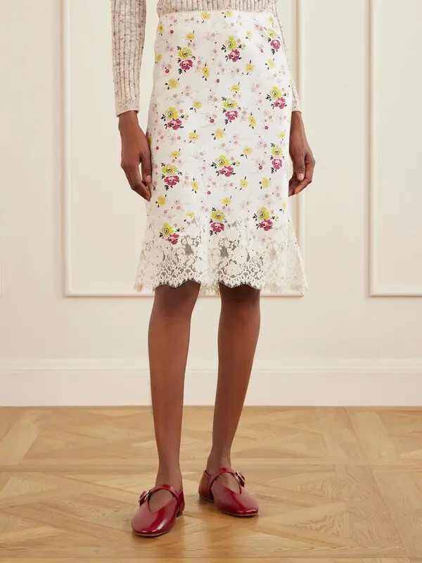 DÔEN Elowette Floral-print Lace-trimmed Silk-satin Knee-length Skirt - White