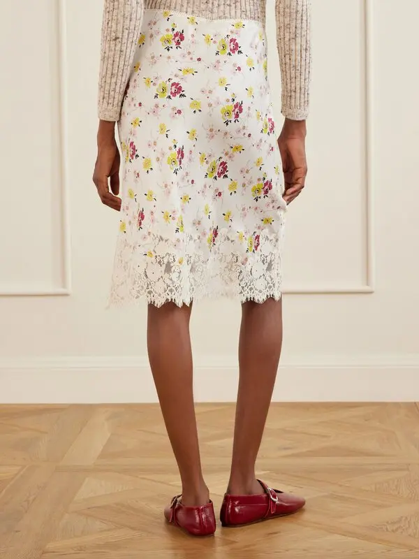 DÔEN Elowette Floral-print Lace-trimmed Silk-satin Knee-length Skirt - White