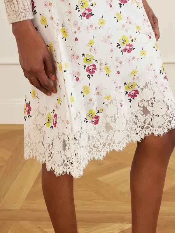 DÔEN Elowette Floral-print Lace-trimmed Silk-satin Knee-length Skirt - White