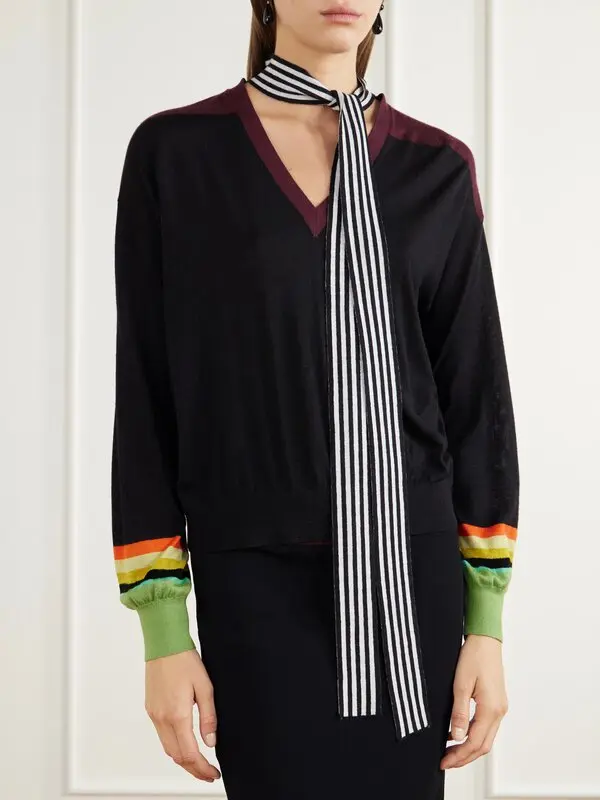 Christopher John Rogers Tie-detailed Striped Wool And Silk-blend Sweater