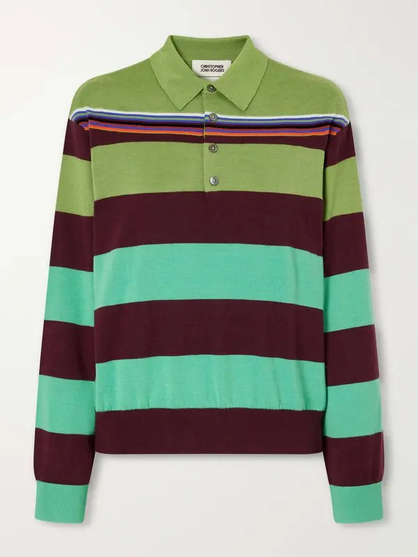 Christopher John Rogers Striped Wool And Silk Blend Polo Shirt