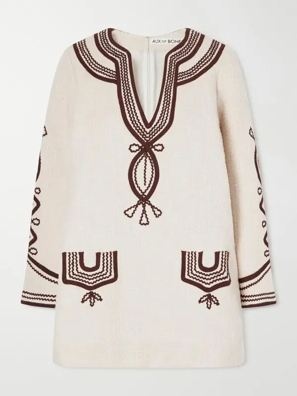 Alix Of Bohemia Rosie Embroidered Cotton-bouclé Mini Dress - Neutrals