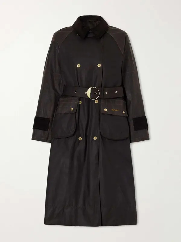 Barbour Elva Double-breasted Belted Corduroy-trimmed Waxed Cotton-canvas Coat