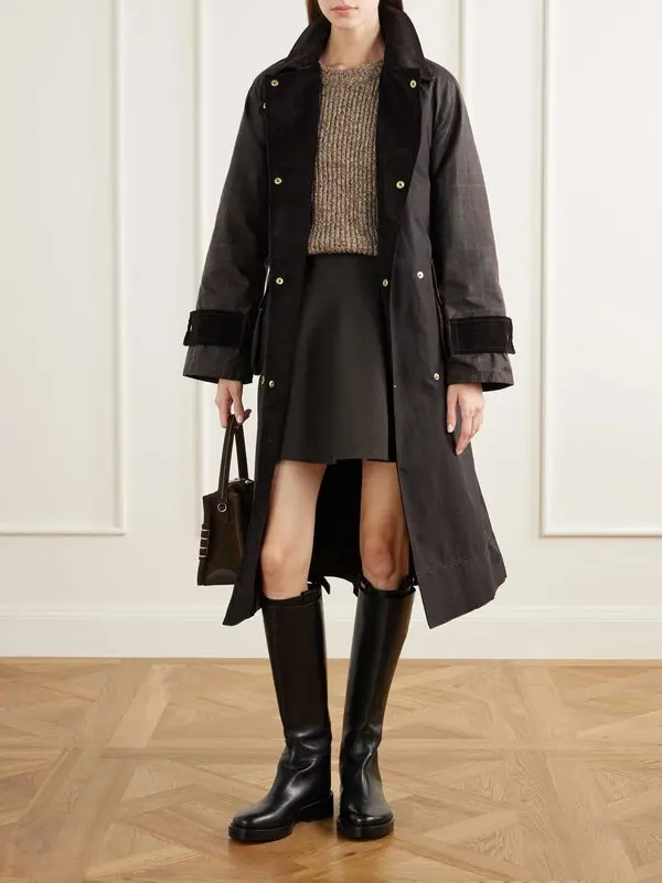 Barbour Elva Double-breasted Belted Corduroy-trimmed Waxed Cotton-canvas Coat