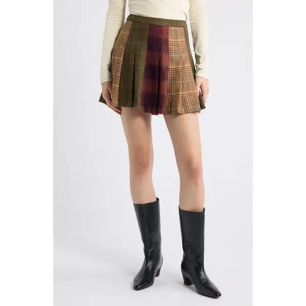 ROWING BLAZERS Mixed Plaid Pleated Wool Blend Miniskirt - Multi-color