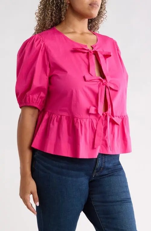 SUGARLIPS Tie Front Puff Sleeve Peplum Top - Fuchsia-rose