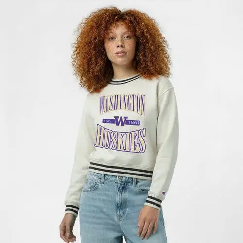 Champion Washington Huskies Yarn Dye Rib Reverse Weave Crew Sweatshirt - White