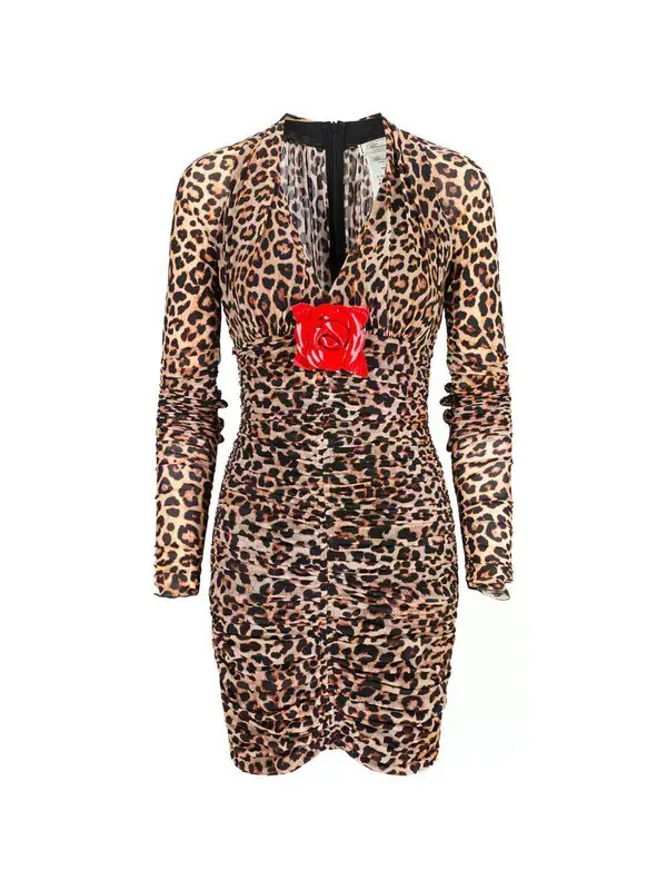 Blumarine Leopard-print Rose-embellished Mini Dress - Brown