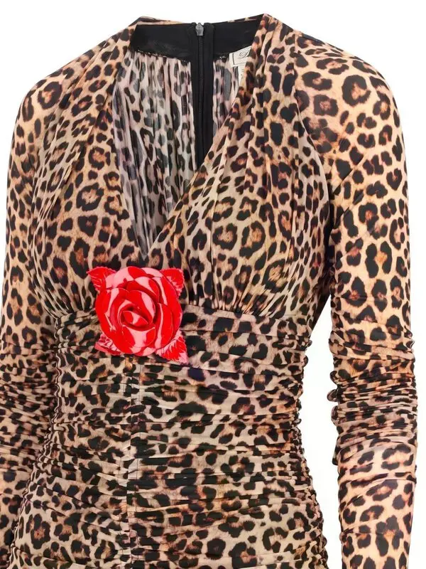 Blumarine Leopard-print Rose-embellished Mini Dress - Brown