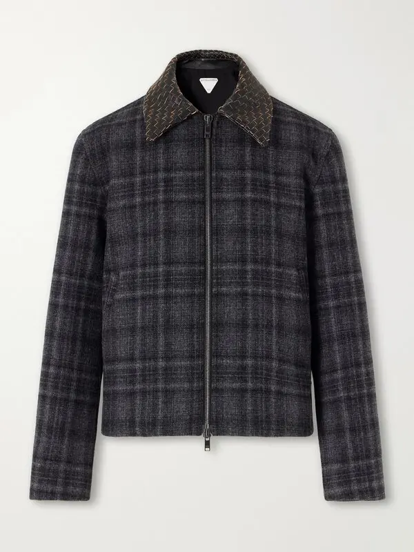 Bottega Veneta Intrecciato Leather-trimmed Checked Brushed Wool-blend Blouson Jacket - Black
