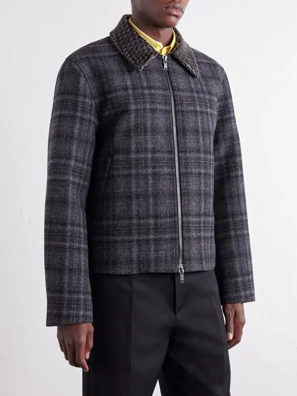 Bottega Veneta Intrecciato Leather-trimmed Checked Brushed Wool-blend Blouson Jacket