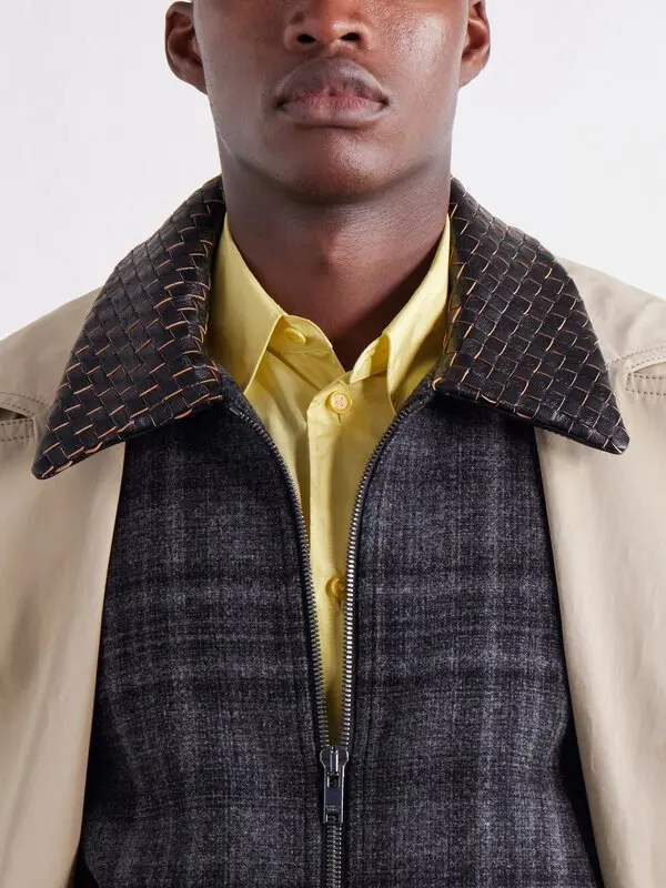 Bottega Veneta Intrecciato Leather-trimmed Checked Brushed Wool-blend Blouson Jacket