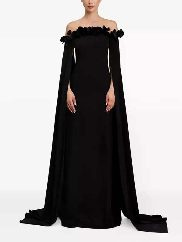 CRISTALLINI Floral-appliqué Cape-sleeve A-line Maxi Dress
