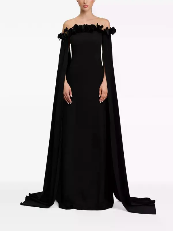 CRISTALLINI Floral-appliqué Cape-sleeve A-line Maxi Dress