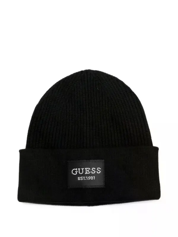 Guess Logo-patch Ribbed-knit Beanie Hat