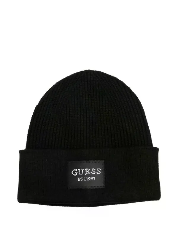 Guess Logo-patch Ribbed-knit Beanie Hat - Black