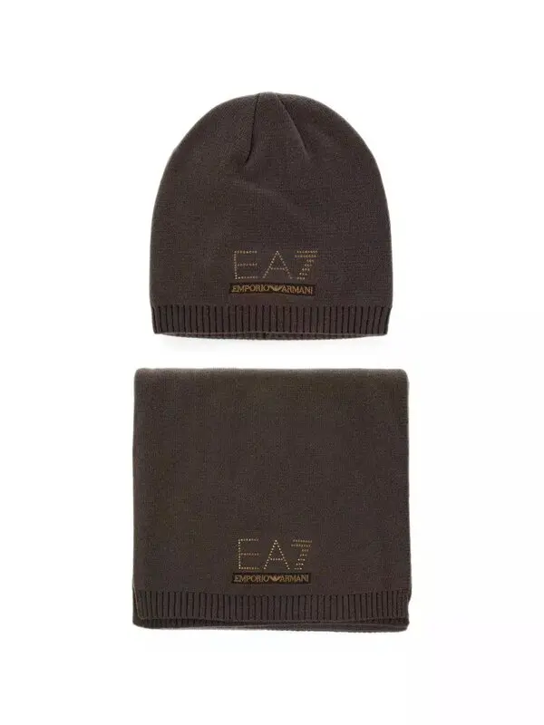 EA7 Rhinestone-embellished Beanie Hat And Scarf Set - Brown