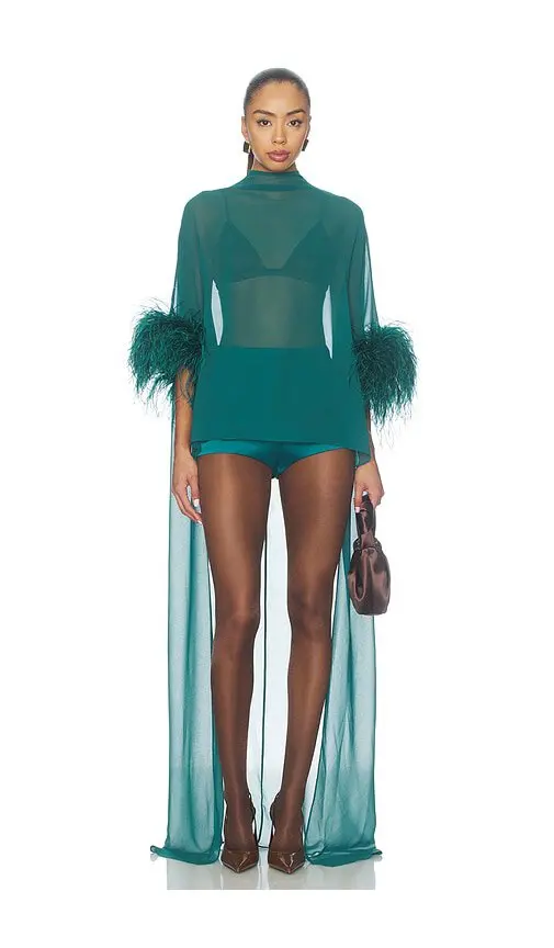 Lapointe Lightweight Georgette High Low Mock Neck Top With Feathers In Green
