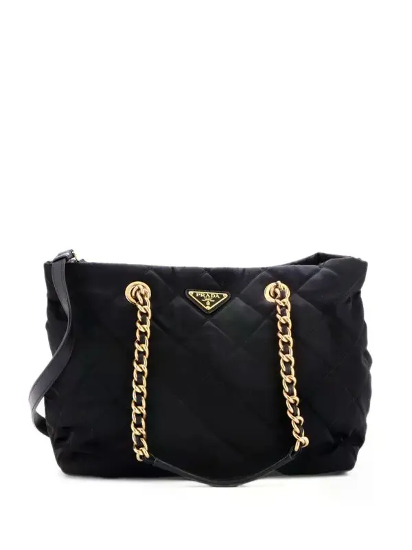 Prada Convertible Chain Tote Quilted Tessuto Medium Shoulder Bag - Black