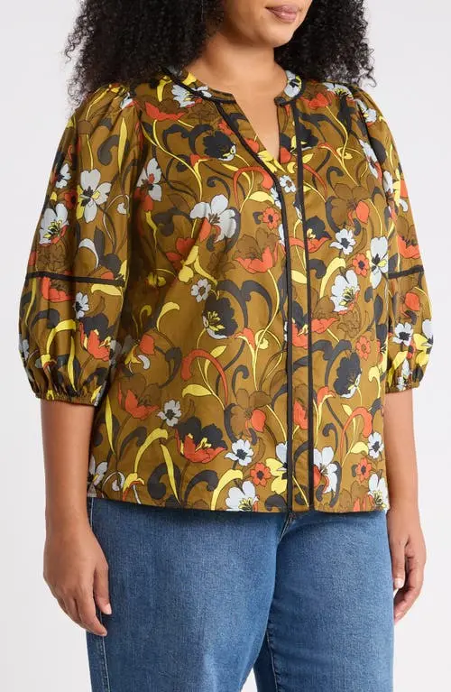 SUGARLIPS Floral Print Split Neck Cotton Top