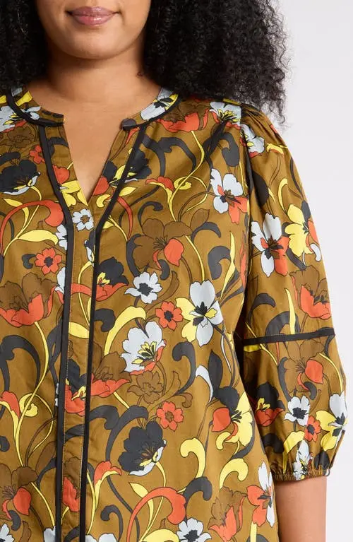 SUGARLIPS Floral Print Split Neck Cotton Top