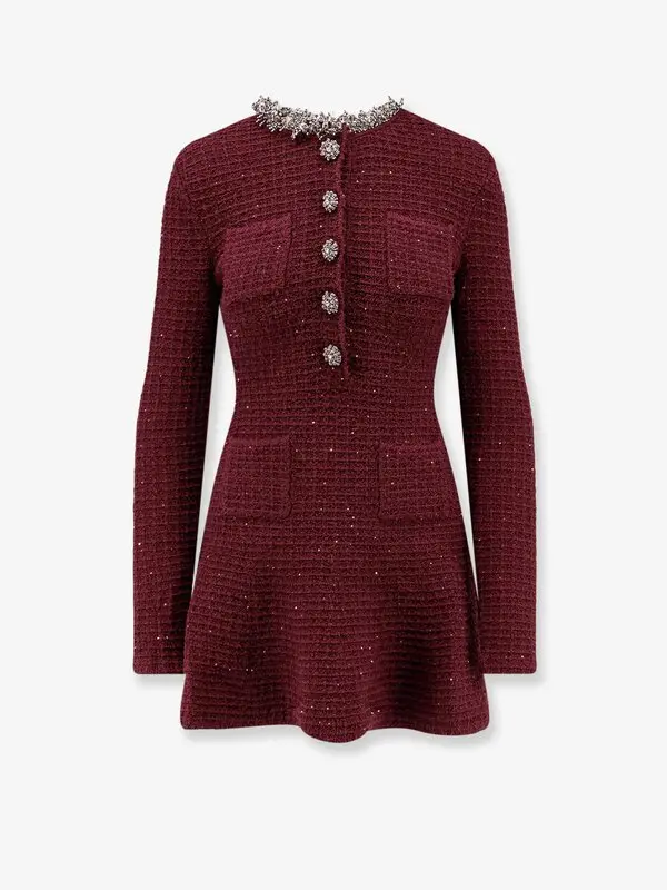 SELF-PORTRAIT Knitted Bordeaux Dress With Jewel Details