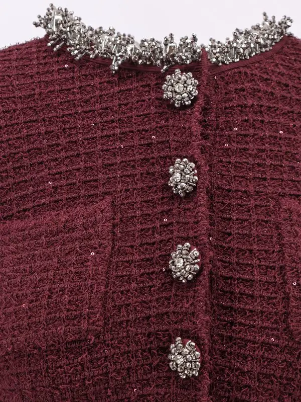 SELF-PORTRAIT Knitted Bordeaux Dress With Jewel Details