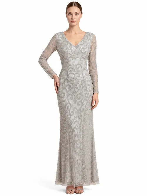 LARA NEW YORK Long Sleeve V-neck Beaded Evening Gown
