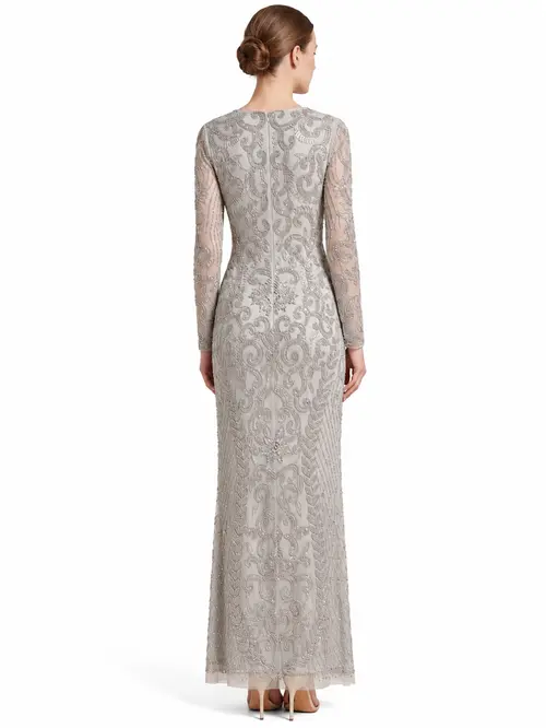 LARA NEW YORK Long Sleeve V-neck Beaded Evening Gown