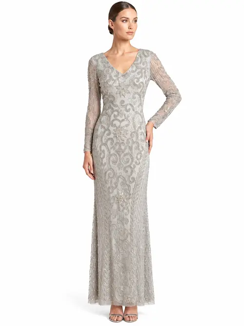 LARA NEW YORK Long Sleeve V-neck Beaded Evening Gown