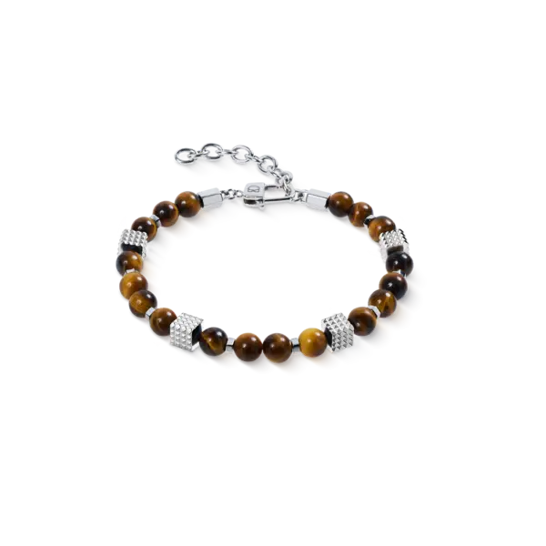 COEUR DE LION Tiger Eye Bead Bracelet With Mini Spikes Cubes In Stainless Steel - Silver