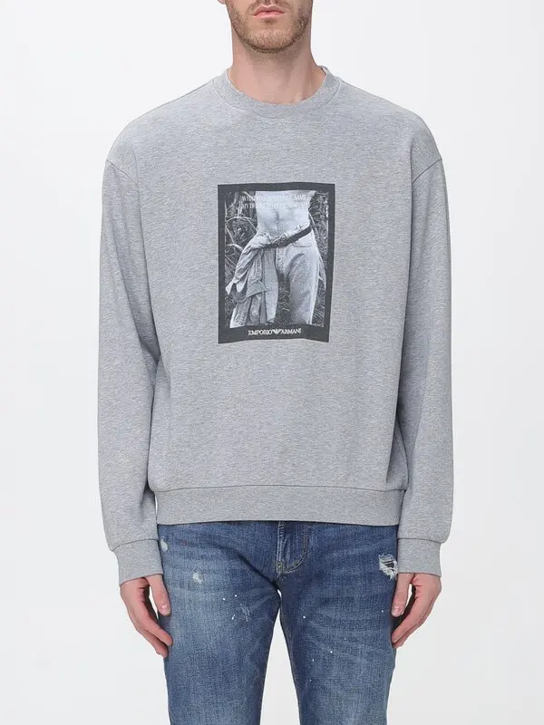 Emporio Armani Relaxed Fit Cotton Crewneck Jumper With Graphic Print - Grey