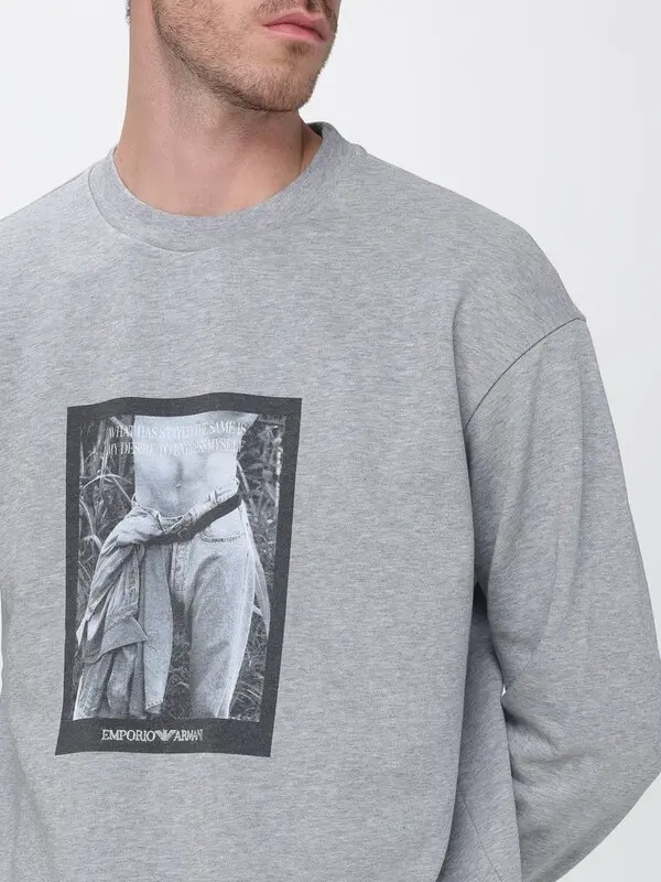 Emporio Armani Relaxed Fit Cotton Crewneck Jumper With Graphic Print - Grey