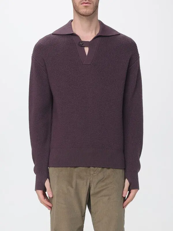 PAOLO PECORA Long-sleeved Cotton Knit Polo Shirt With V-neck - Violet