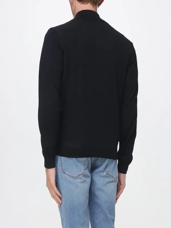 Emporio Armani Virgin Wool Zip-up Cardigan With Mock Neck And Ribbed Trims - Black