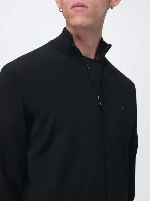 Emporio Armani Virgin Wool Zip-up Cardigan With Mock Neck And Ribbed Trims - Black