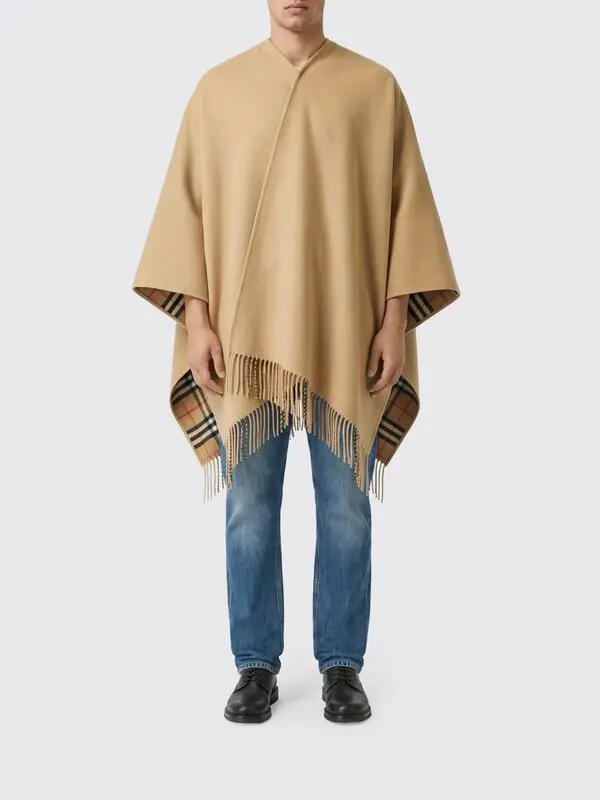 Burberry Cape In Pure Wool With Vintage Check Pattern And Asymmetrical Fringed Hem - Sand