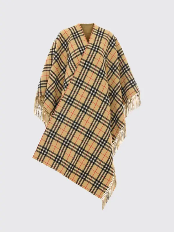 Burberry Cape In Pure Wool With Vintage Check Pattern And Asymmetrical Fringed Hem - Sand