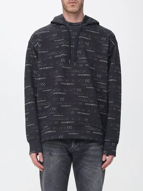 Emporio Armani Hoodie In Cotton Blend With Monogram And Contrasting Logo - Navy