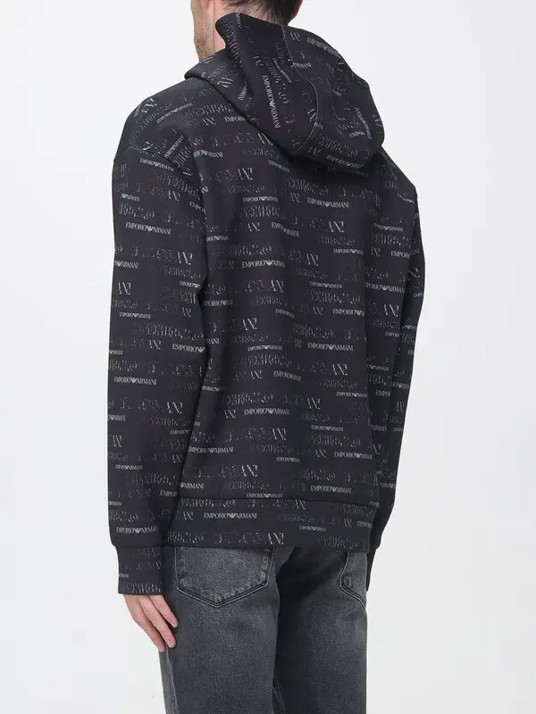 Emporio Armani Hoodie In Cotton Blend With Monogram And Contrasting Logo - Navy