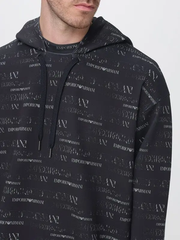Emporio Armani Hoodie In Cotton Blend With Monogram And Contrasting Logo - Navy