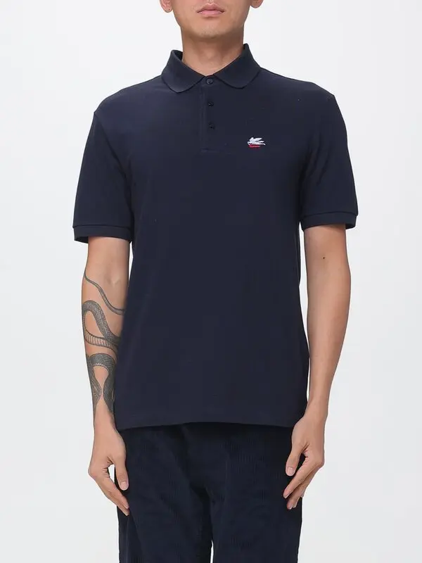 Etro Slim Fit Short-sleeved Cotton Polo Shirt With Contrast Logo - Navy