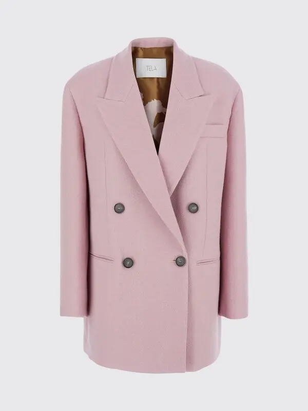 TELA Double-breasted Short Wool Relaxed Fit Blazer With Peak Lapels - Pink