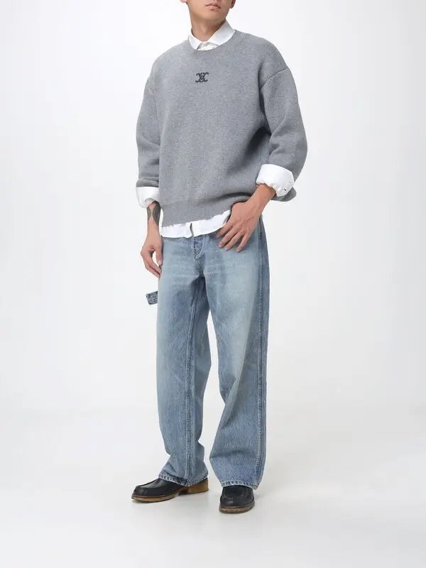 Celine Triomphe Logo Pure Cashmere Crewneck Jumper With Dropped Shoulders - Grey