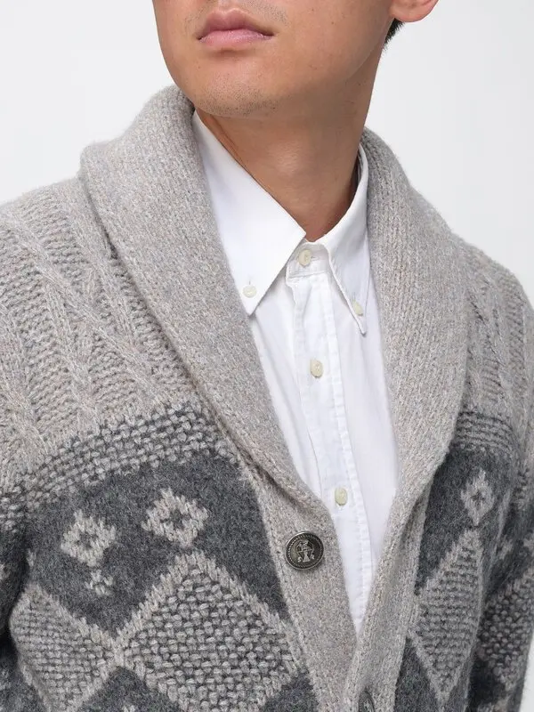 Brunello Cucinelli Jacquard Shawl Collar Cardigan In Wool, Silk And Cashmere