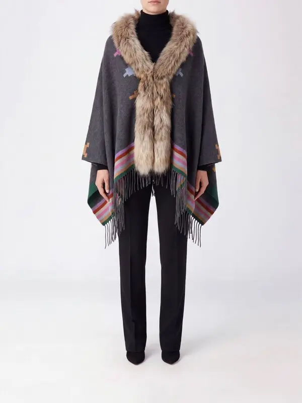 BAZAR DELUXE Jacquard Wool Cape With Fur Collar And Fringed Hem - Grey