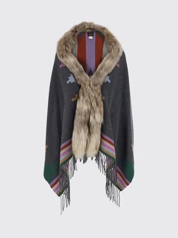 BAZAR DELUXE Jacquard Wool Cape With Fur Collar And Fringed Hem - Grey