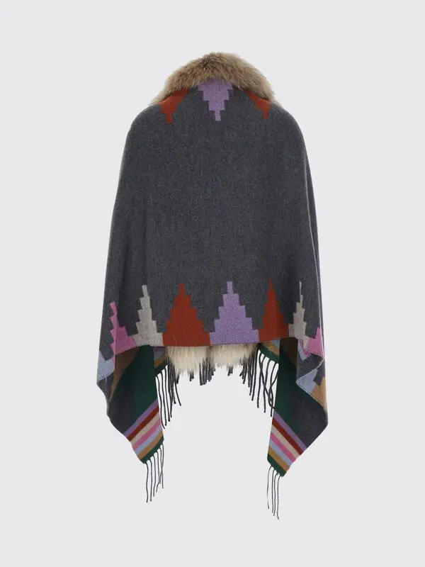 BAZAR DELUXE Jacquard Wool Cape With Fur Collar And Fringed Hem - Grey