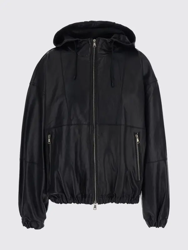 TELA Short Lambskin Leather Jacket With Hood And Drawstring - Black